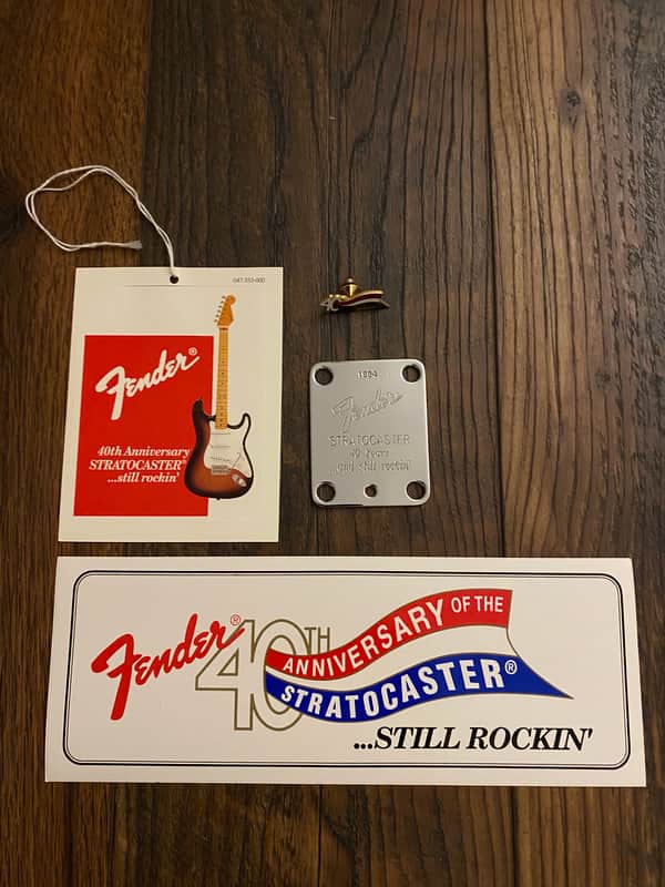 Fender 40th anniversary, neck plate , pin, sticker and hang | Reverb