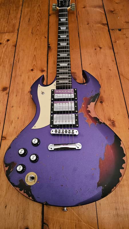 Custom SG relic left handed purple with 3 humbucker pickups | Reverb