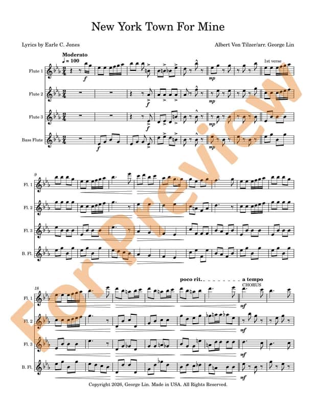 Flute Sheet Music - New York Town For Mine (Earle C. Jones & | Reverb