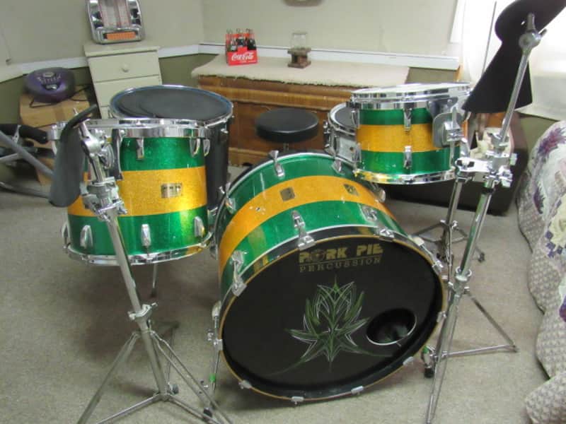 Pork Pie 3 Piece Drum Set 1999 Metal Flake Green + Extras | Reverb