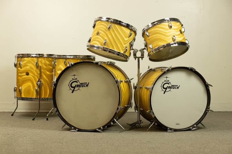 1960s Gretsch Gold Satin Flame "Double Bass" Drum Set | Reverb