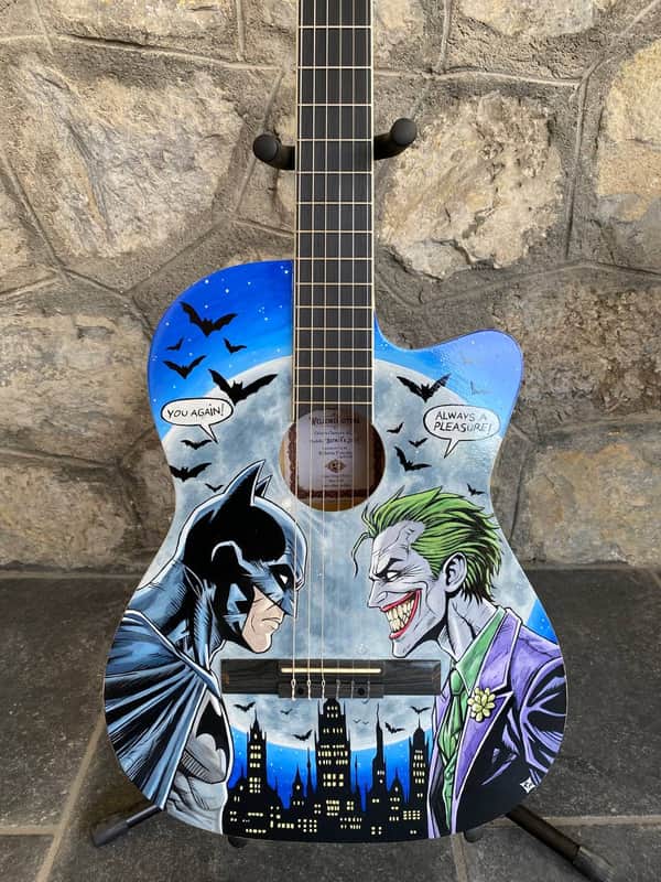 Hand-Painted Acoustic-Electric Classical Guitar "Batman & | Reverb