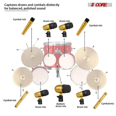 5 Core 9 Piece Drum Microphone Set w Kick Bass, Tom/Snare and | Reverb