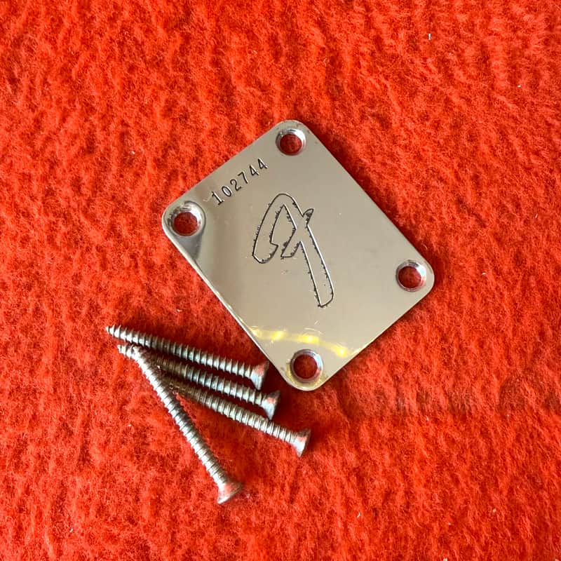 Fender Stratocaster neck plate 1965 - Chrome F logo 4 bolt | Reverb