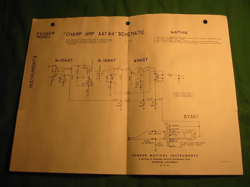 1969 Fender Champ AA764 Schematic All Black-Silver face | Reverb