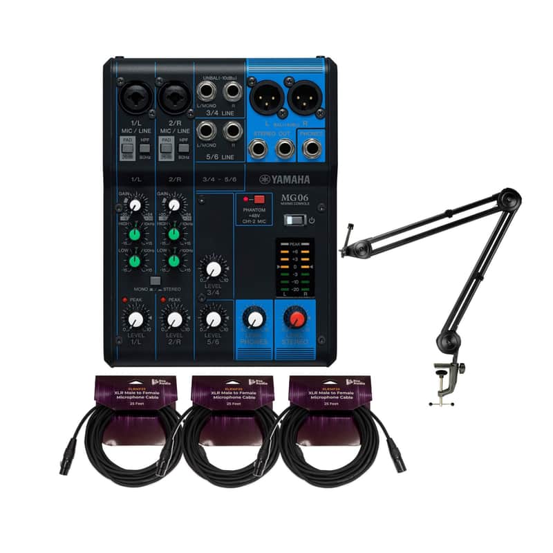 Yamaha MG06 6-Input Stereo Mixer Bundle with Desktop Boom Arm | Reverb