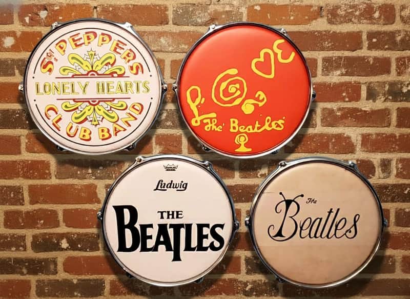 Beatles Drumhead Display, Set of FOUR heads with hoops, Ringo | Reverb