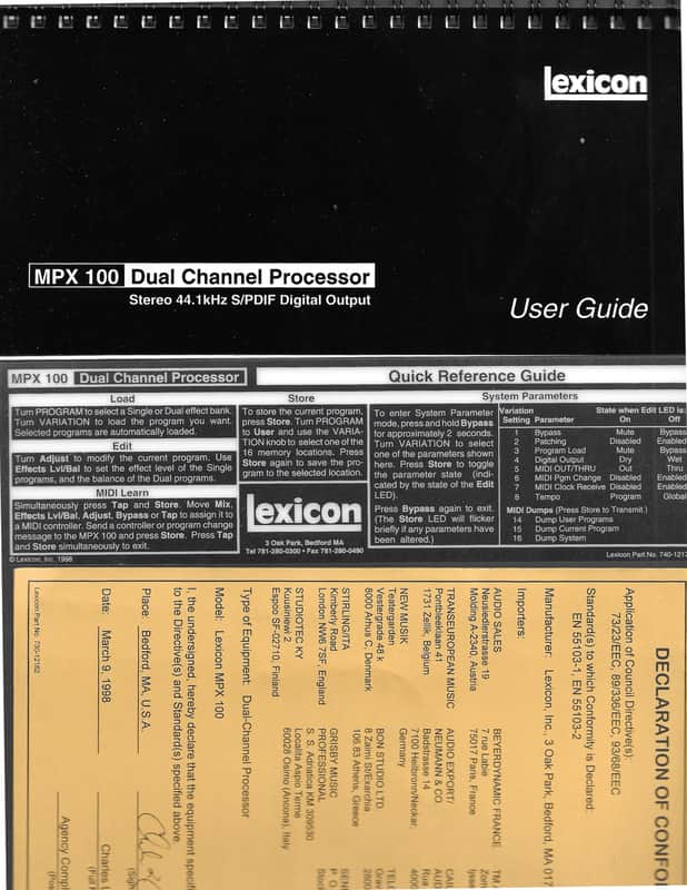 Lexicon MXP100 MANUAL 1998 | Reverb