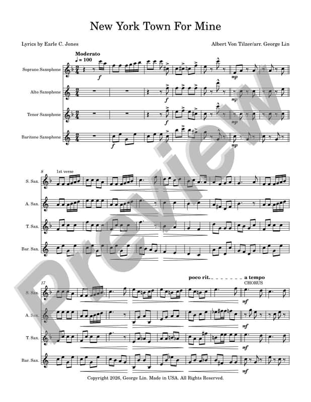 Saxophone Sheet Music - New York Town For Mine (Earle C. | Reverb