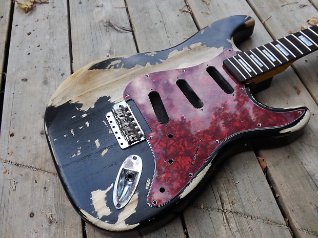 Swamp Ash heavy relic aged black STrat guitar body | Reverb