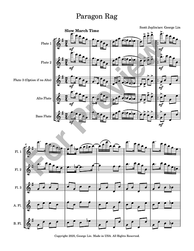 Flute Quartet Sheet Music - Paragon Rag (Scott Joplin). Full | Reverb