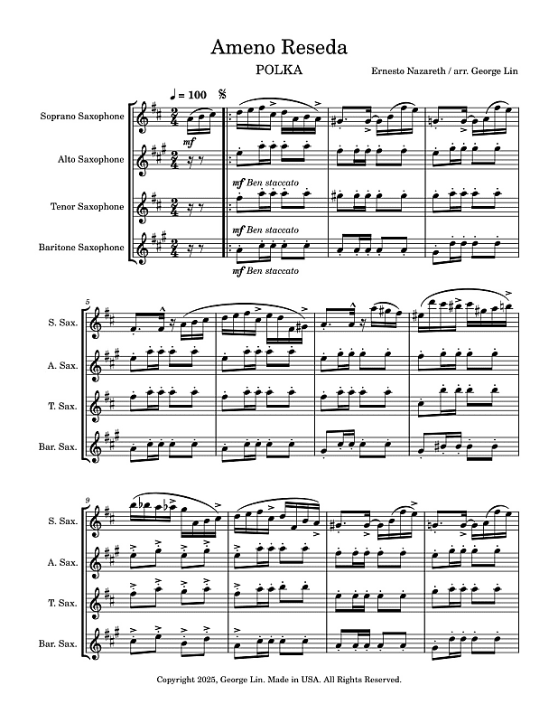 Saxophone Quartet Sheet Music - Ameno Reseda Polka (Ernesto | Reverb