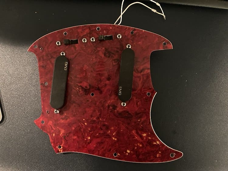 EMG loaded pickguard for Fender Mustang- red/black | Reverb