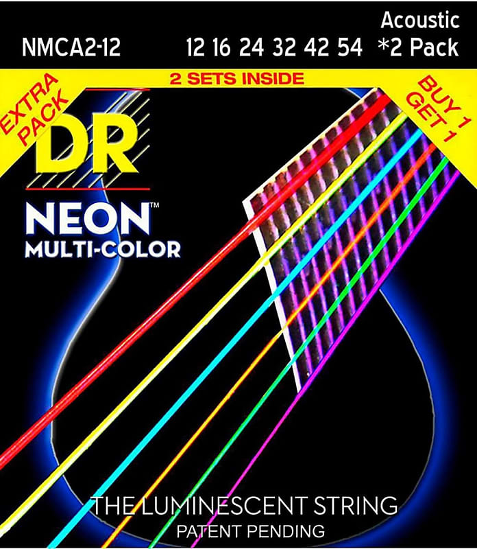 2 Pack DR Neon Multi-Colored Coated Acoustic Guitar Strings - | Reverb