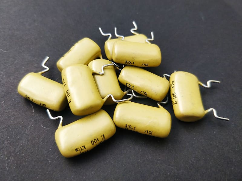 100x NOS Philips KT Mustard 0.1uF (100nF) 100V | Reverb Greece