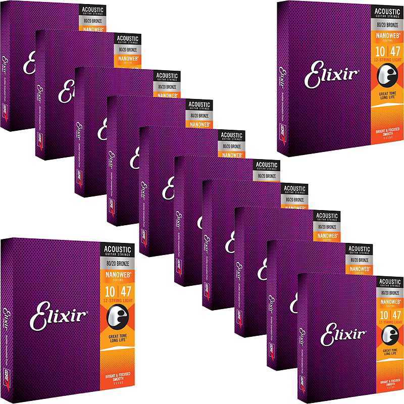 12 Sets of Elixir 11152 NANOWEB 80/20 Bronze 12-String Light | Reverb