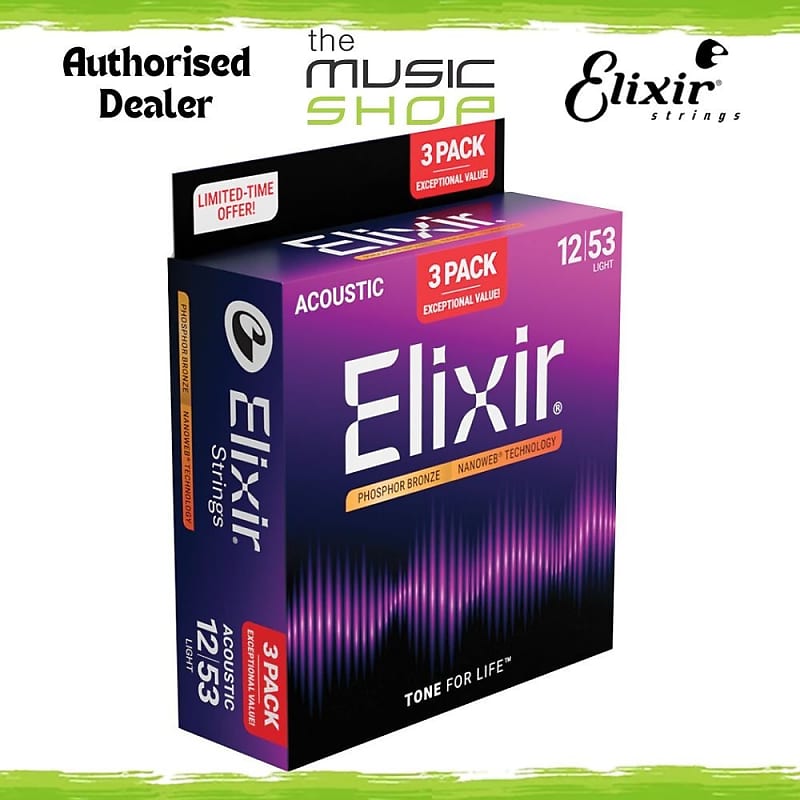 3 Pack of Elixir Nanoweb Acoustic Guitar Strings, P Bronze, | Reverb