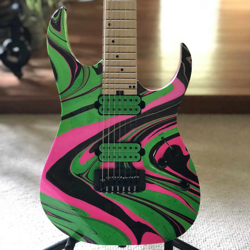 Custom Ibanez 7 String - Pink and Green Swirl | Reverb