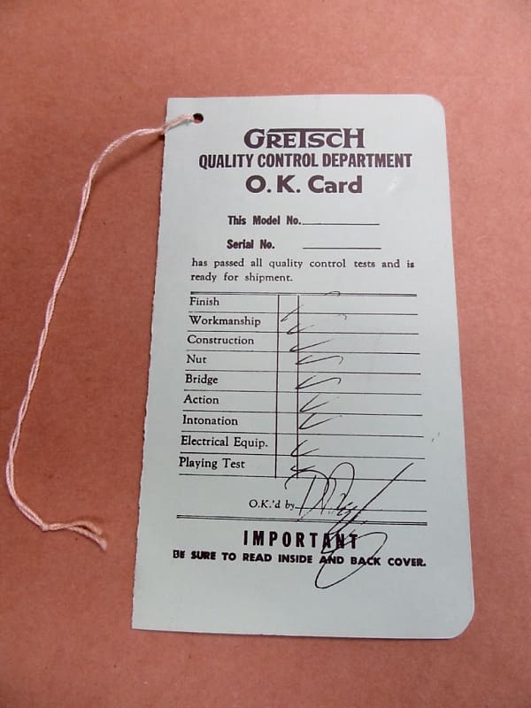 Gretsch Quality Control OK Card Hang Tag 1957-1965 | Reverb