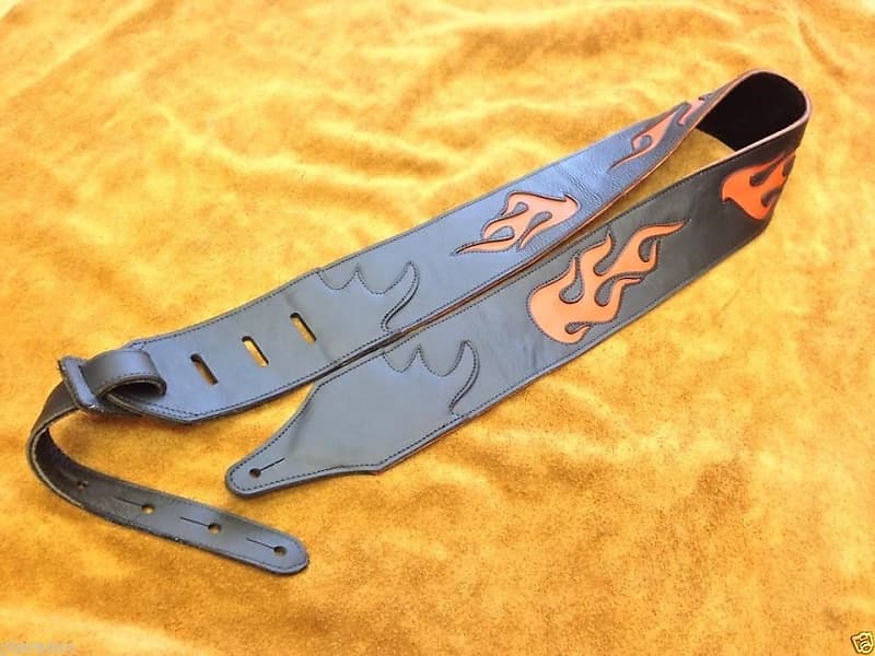 Carlino Black Leather Orange Flame Strap Guitar Strap | Reverb