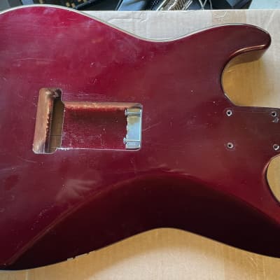 MJT Stratocaster body, light relic, oxblood w silver racing | Reverb