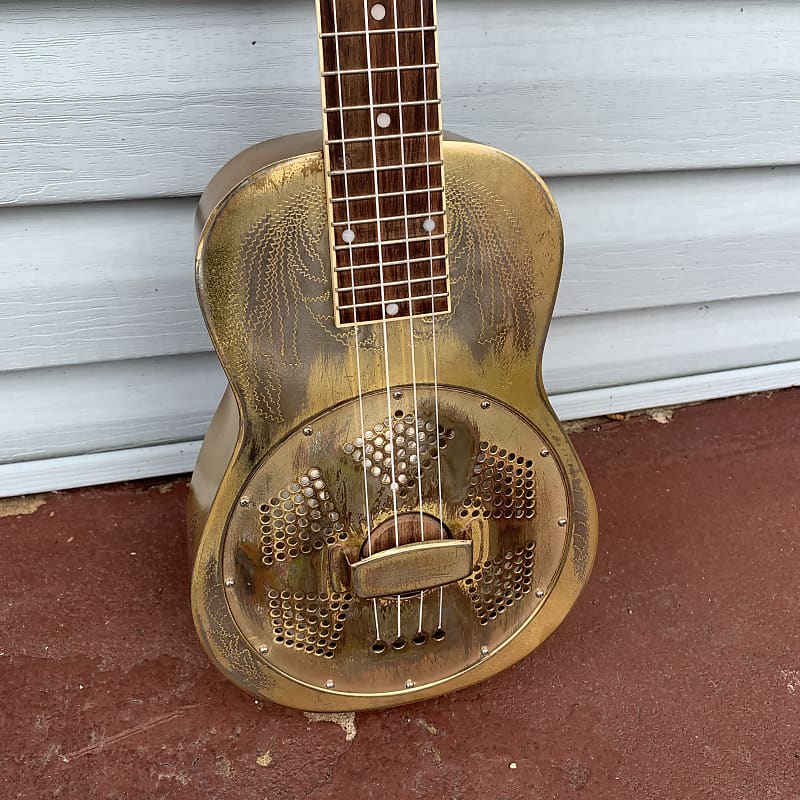 Republic Resonator Ukulele Engraved Worn Brass | Reverb