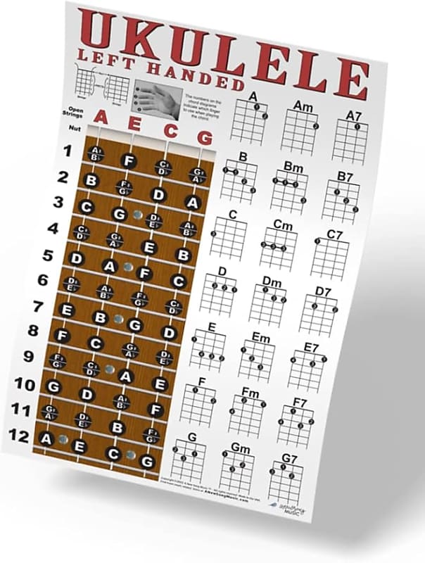 Left Handed Ukulele Fretboard & Easy Beginner Chord Chart | Reverb