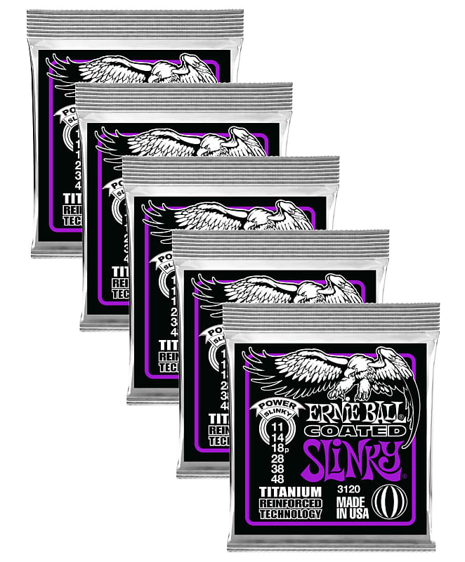 5 PACK Ernie Ball P03120 Coated Power Slinky Strings, 11-48 | Reverb