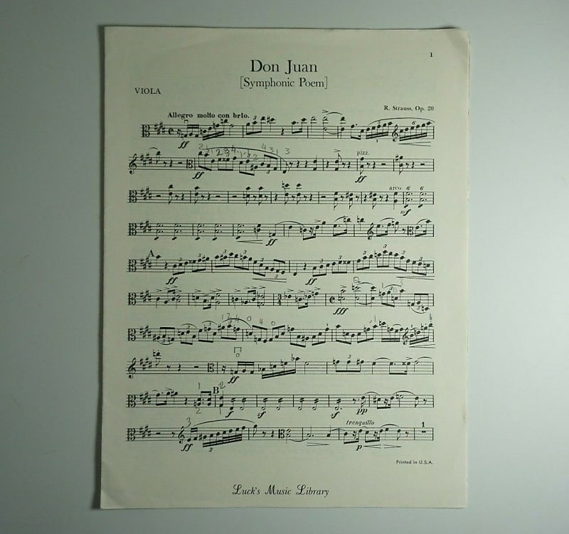 Strauss Don Juan Symphonic Poem Op. 20 Viola Luck's Sheet | Reverb
