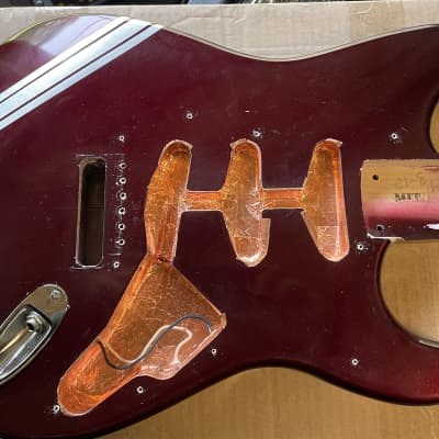 MJT Stratocaster body, light relic, oxblood w silver racing | Reverb