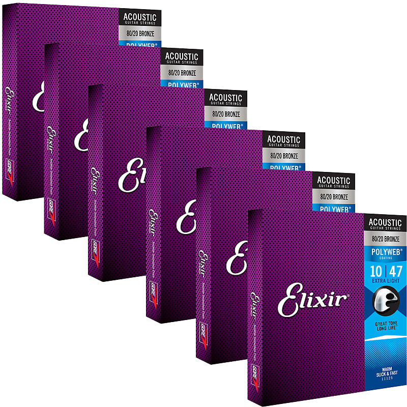 6 Sets of Elixir 11000 POLYWEB 80/20 Bronze Extra Light | Reverb