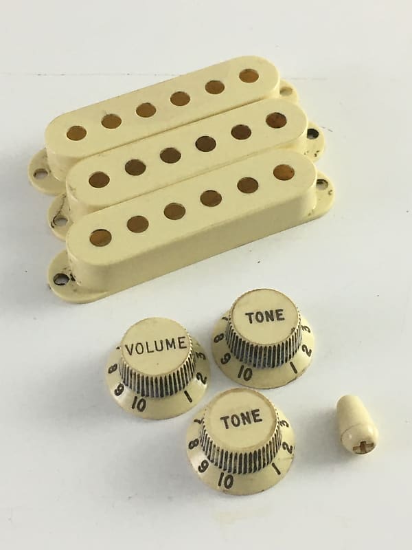 Three Aged White Relic Genuine Fender Knobs + Pup Covers | Reverb