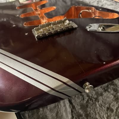 MJT Stratocaster body, light relic, oxblood w silver racing | Reverb