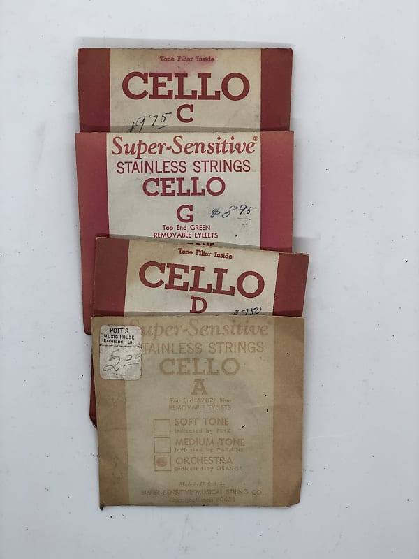 NOS Super sensitive Set Cello strings C-G-D-A 1970? Sil ver | Reverb