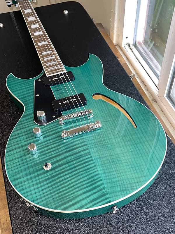 Reverend Manta Ray 290 FM - LEFTY - Turquoise Flame Maple | Reverb
