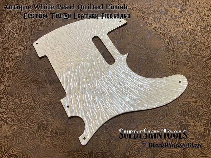 Custom Tooled Leather Quilted Antique White Pearl Pickguard | Reverb