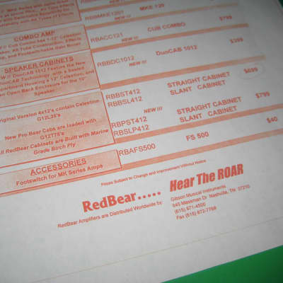 Red Bear Amplifier Price Sheet From 1996 | Reverb