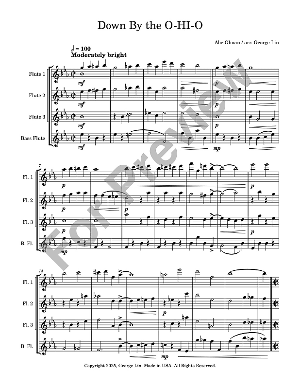 Flute Quartet Sheet Music - Down By the O-HI-O. Arranged for | Reverb