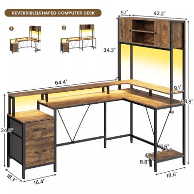 L-Shaped Music Studio Desk with LED Lights, File Drawer & | Reverb