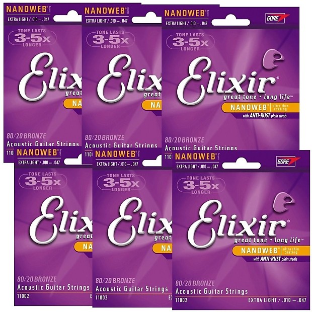 6 Sets of Elixir 11002 Nanoweb 80/20 Bronze Extra Light | Reverb