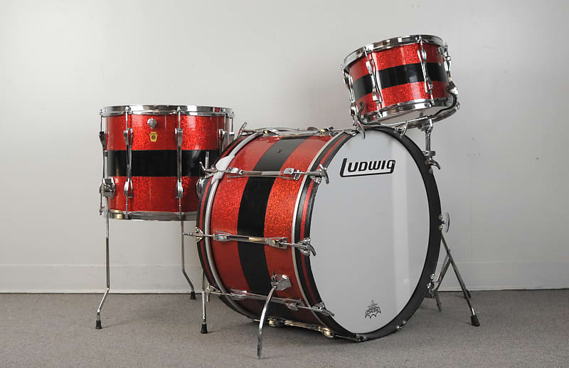 Vintage Ludwig Red & Black Tri-Band Drum Set | Reverb