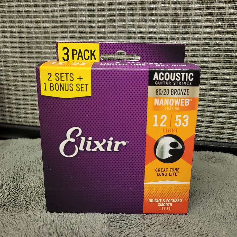 Elixir 16539 80/20 Bronze Nanoweb 12-53 3 for 2 Pack | Reverb