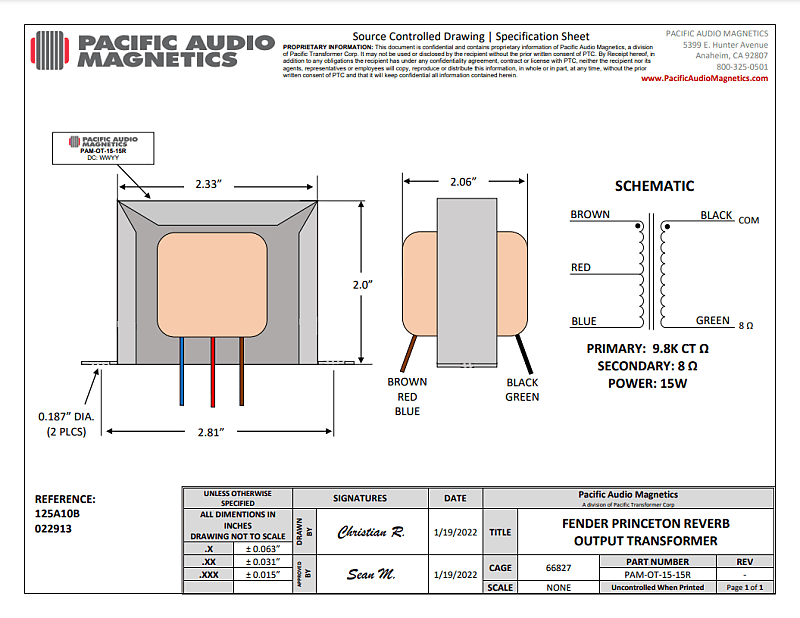 Pacific Transformer Fender Princeton Reverb Output | Reverb