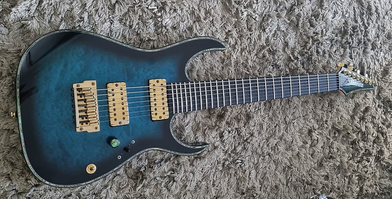 Ibanez RGIX27FEQM Iron Label 7 String Sapphire Blue Sunburst | Reverb