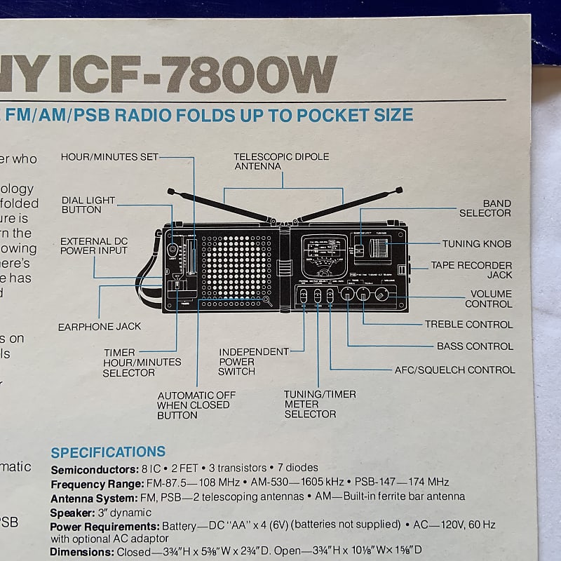 Sony ICF-7800W 1987 dealer sheet | Reverb
