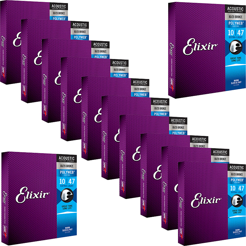 12 Sets of Elixir 11000 POLYWEB 80/20 Bronze Extra Light | Reverb