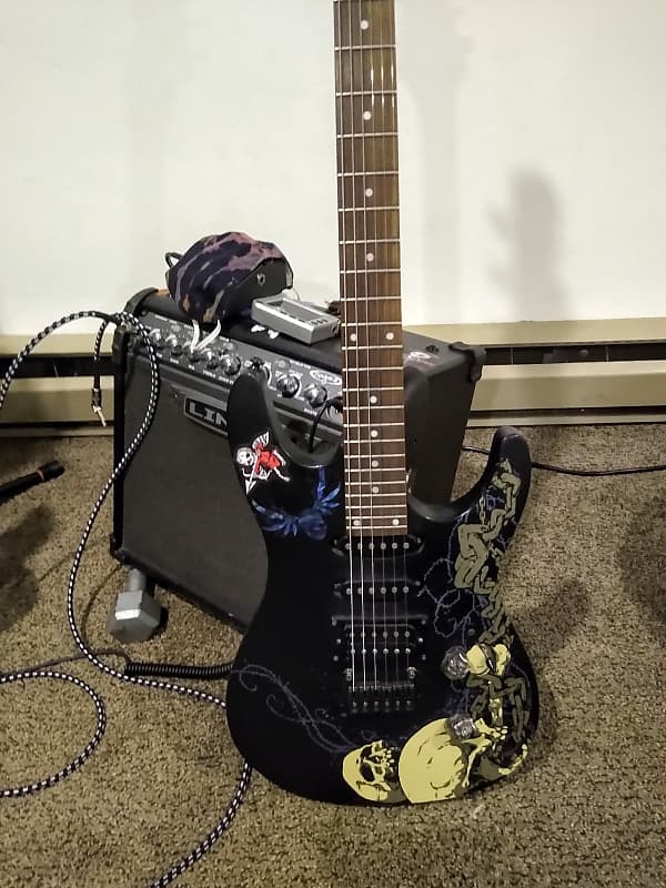 Armor Super Strat 1990's Black ( Custom Skull & Chain Paint) | Reverb