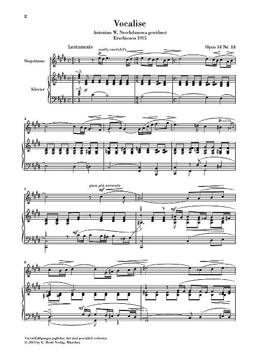 Sergei Rachmaninoff Vocalise Op 34 No 14 For Voice And Piano | Reverb