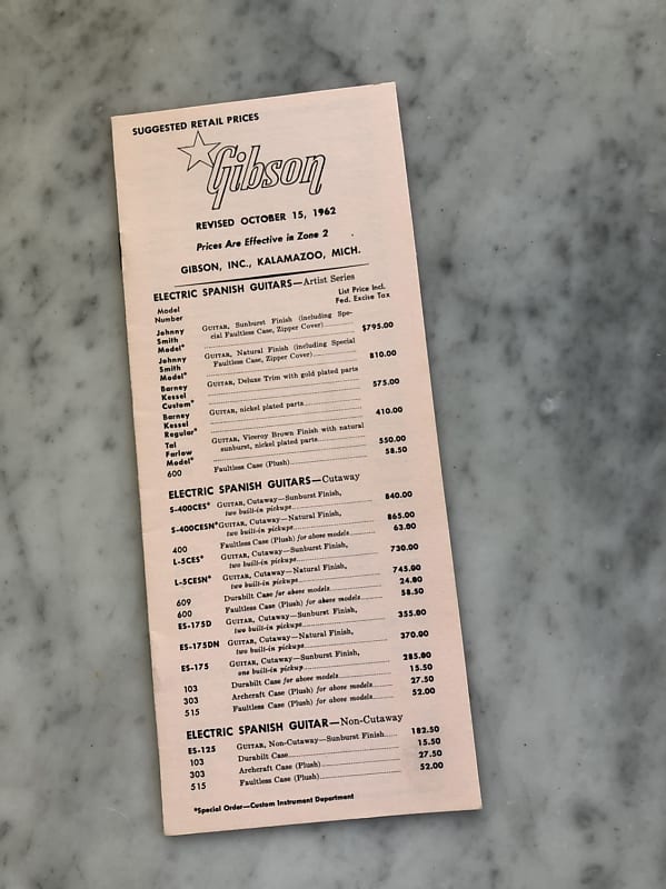 1962 Gibson Price List Case Candy Vintage Rare ES335 345 355 | Reverb
