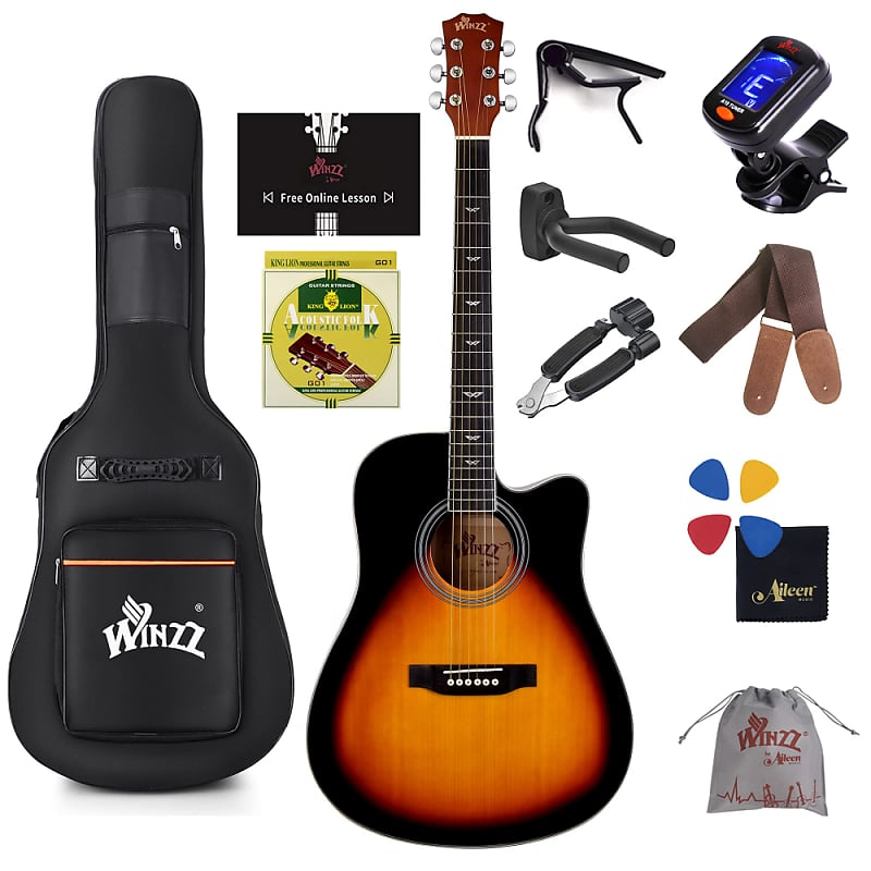 WINZZ Spruce Acoustic Guitar Set for Beginners Students Kids | Reverb